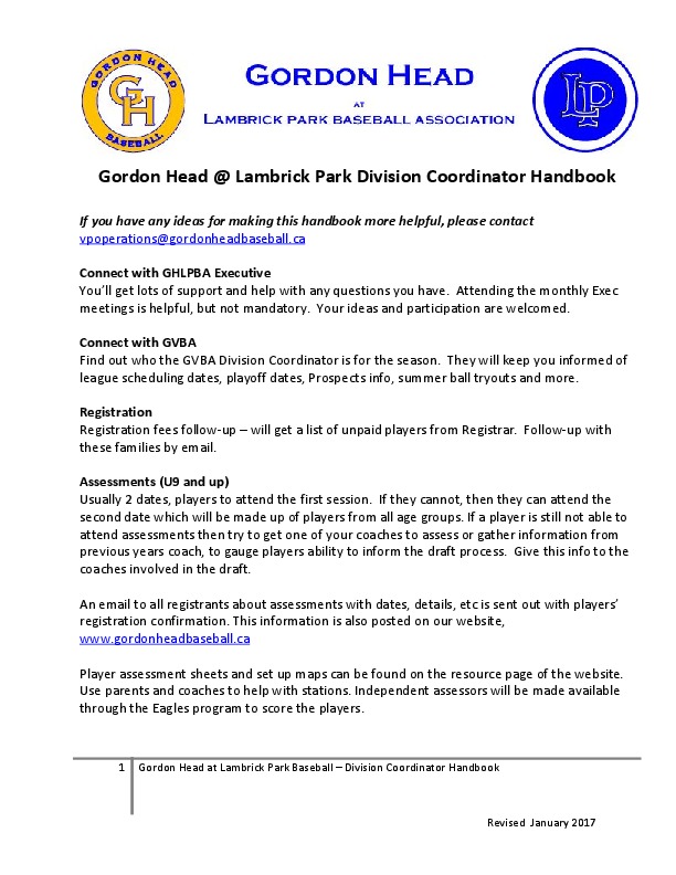 Division Coordinator Resources – Gordon Head Baseball
